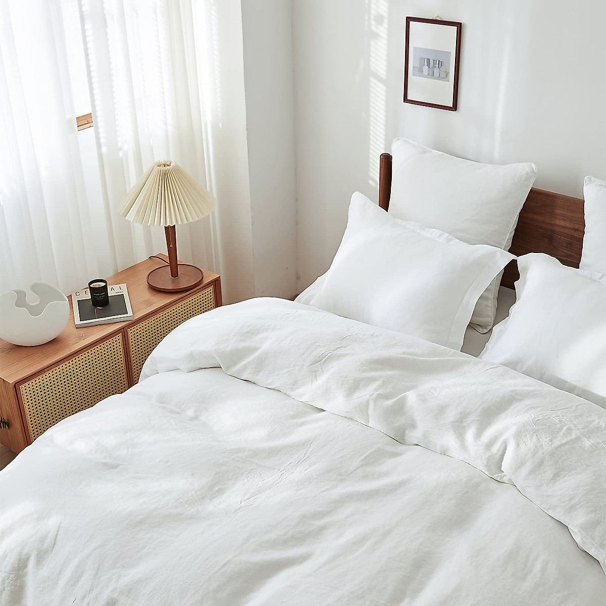 Simple&Opulence 100% Linen Duvet Cover Set 3pcs Basic Style Natural French Washed Flax Solid Color Soft Breathable Farmhouse Bedding with Button Closure - White, Queen