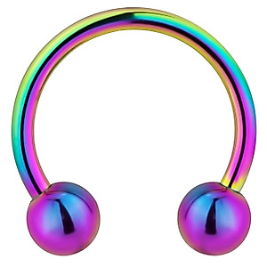 Forbidden Body Jewelry 14g 12mm Surgical Steel Rainbow IP Plated Horseshoe Ball Ring, 5mm Balls