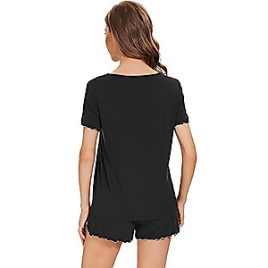 WiWi Bamboo Viscose Pajamas for Women Soft Summer Pajama Short Sets Ruffle Seams Sleepwear Comfy Pleated Pj Set S-XXL, Black, X-Large