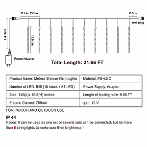 Joiedomi Christmas Meteor Shower Lights Falling Rain Drop Icicle String Lights 540 LEDs 10 Tube 50cm Warm White for Christmas Holiday Party Home Patio Outdoor Decoration