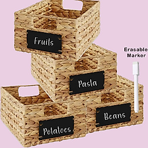 Hyancynt storage Baskets, 12 x 9 x 5 inches, with Linen and Chalk Markers, Natural Materials, wicker Water Hyacinth Baskets, rectangular Wicker Baskets (4 units)