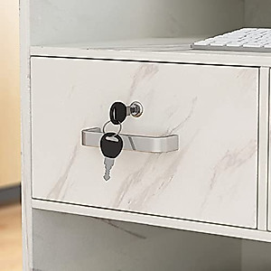 Homsee Modern Reception Desk with 3 Drawers, 1 Door Storage Cabinet & Hutch Shelf, Office Wooden Computer Desk, Writing Study Table PC Laptop Desk, White Marble (47.3" L x 18.3" W x 43.3" H)