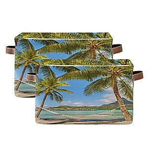 AUUXVA Palm Trees Tropical Beach Sea Storage Basket Large Foldable Storage Organizer Cubes Bins with Leather Handles Sturdy Collapsible Boxes for Shelf Cloth Toy Closet-2 Pack