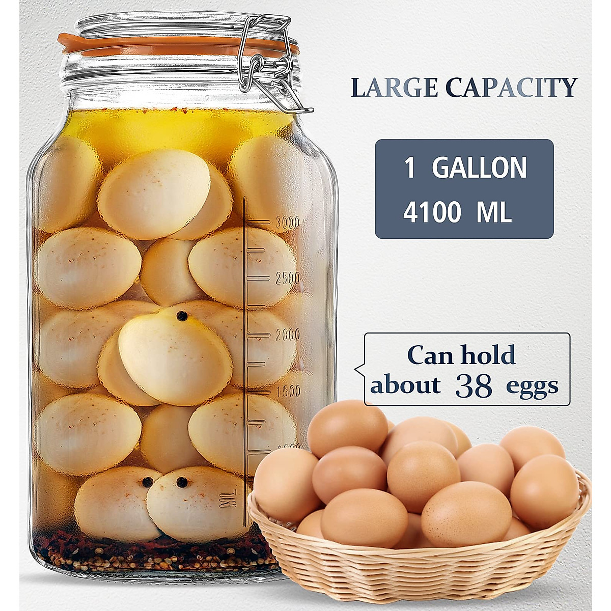 Folinstall Super Wide Mouth Glass Storage Jar with Airtight Lids, 1 Gallon Large Mason Jars with 2 Measurement Marks, Large Capacity for Pickle Jar, Overnight Oats