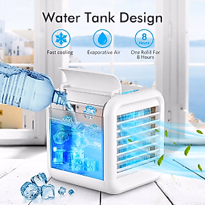 Portable Air Conditioner Fan, Personal Air Cooler with Icebox, USB Desk Fan with 3 Speeds, Evaporative Air Cooler for Home, Office & Outdoor Use, Air Humidifier, USB Charging, 7 Light Colors, Quiet