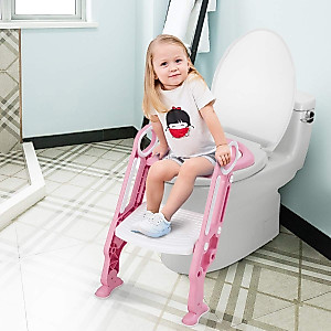 BABY JOY Kids Portable Potty Training Toilet Seat w/Step Stool Ladder, Foldable and Adjustable Toddler Toilet Training Seat Chair for Boys Girls Toddlers, Non-Slip Pads and Soft Cushion Seat (Pink)