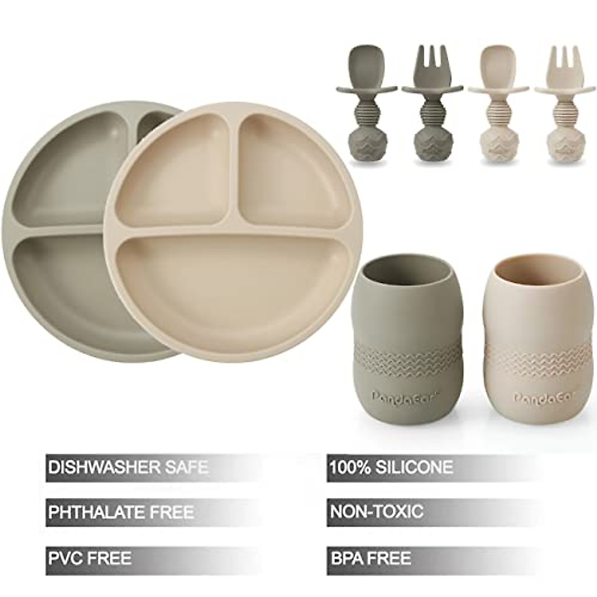 PandaEar Silicone Baby Feeding Set| 2 Pack Silicone Divided Suction Plate and 2 Pack Tiny Cup with 2 Spoons 2 Forks| Baby Led Weaning Supplies Self Feeding Eating Utensils (Light Tan/Walnut)