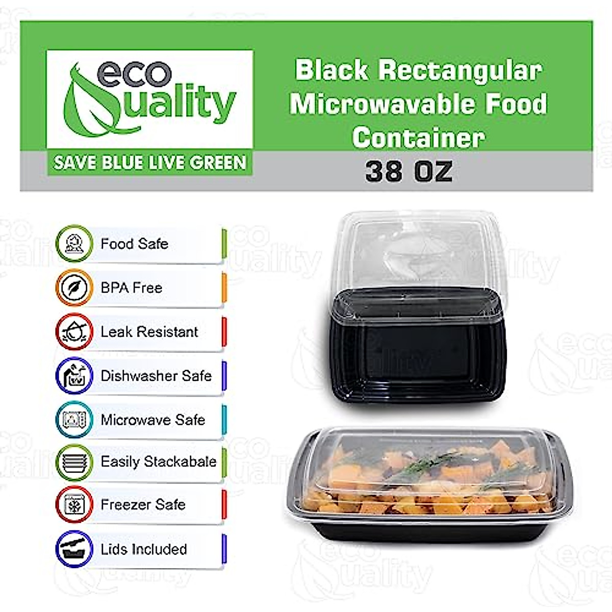 38 oz Reusable Food Storage 150 Pack Containers with Lids by EcoQuality – Rectangular BPA Free Freezer, Microwave & Dishwasher Safe – Airtight & Watertight Stackable, Lunch Meal Prep, To-Go, Bento Box