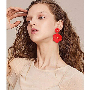 CEALXHENY Flower Dangle Earrings Boho Layered Floral Petal Drop Earrings Statement Stud Earring for Women (A-Red)