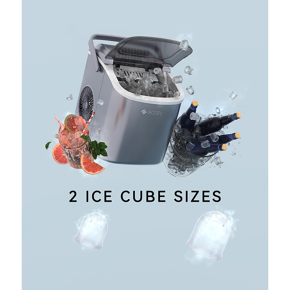 ecozy Portable Ice Maker Countertop, 9 Cubes Ready in 6 Mins, 26lbs in 24Hrs, Self-Cleaning Ice Machine with Handle/Ice Bags/Ice Scoop/Ice Basket, 2 Sizes Bullet Ice for Home Kitchen Office Bar Party