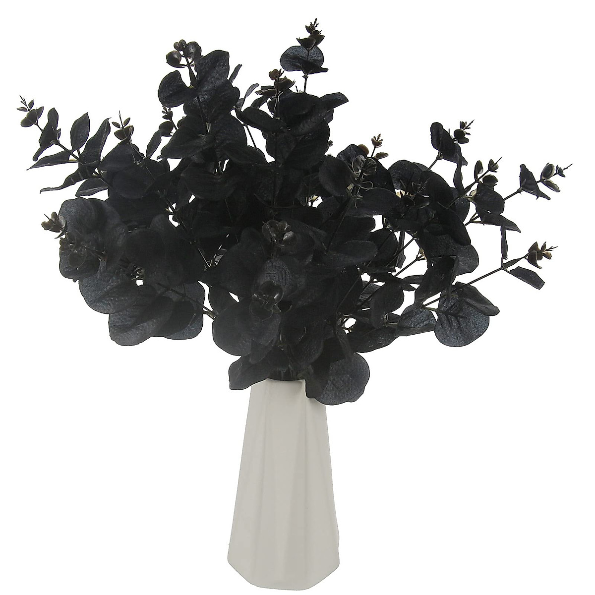 Tinsow 5 Pcs Black Artificial Eucalyptus Stems Faux Eucalyptuses Branches Black Leaf Halloween Centerpiece Halloween Home Decor (Black, 5)