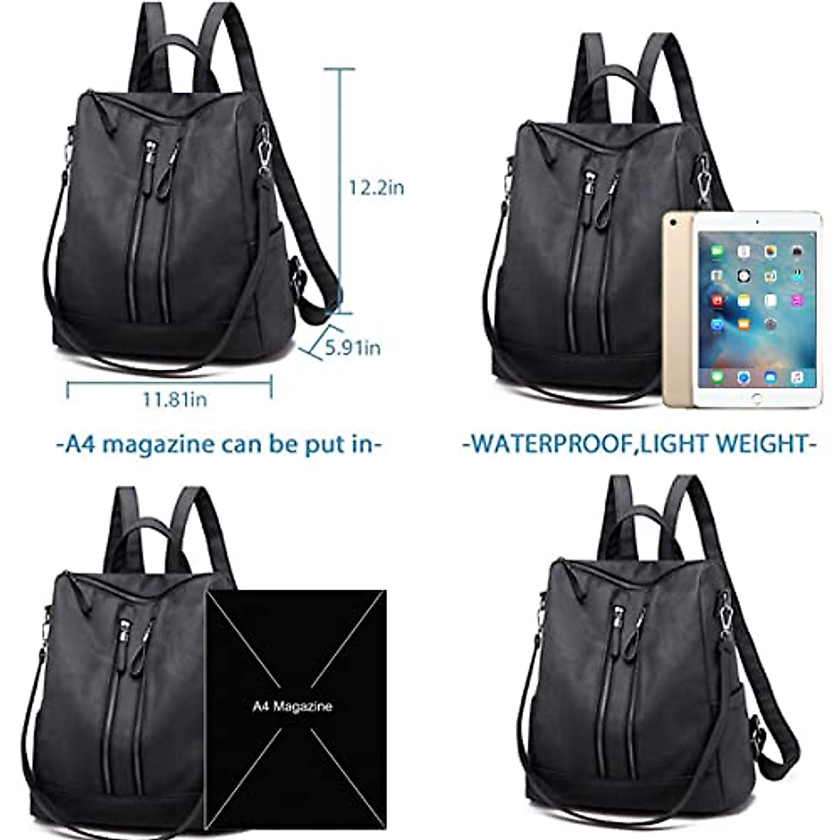 Poopy Women Multifunctional Soft Leather Handbag Purses Shoulder Backpack Crossbody Zipper Bag with Pocket (black)