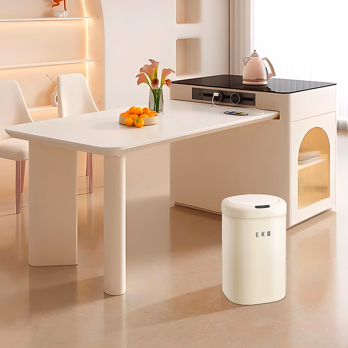 EKO Vintage Automatic Trash Can, 9L / 2.8 Gal Small Motion Sensor Bathroom Trash Can with Lid, Soft Square Wastebasket Touchless Garbage Can, Vanilla Stainless