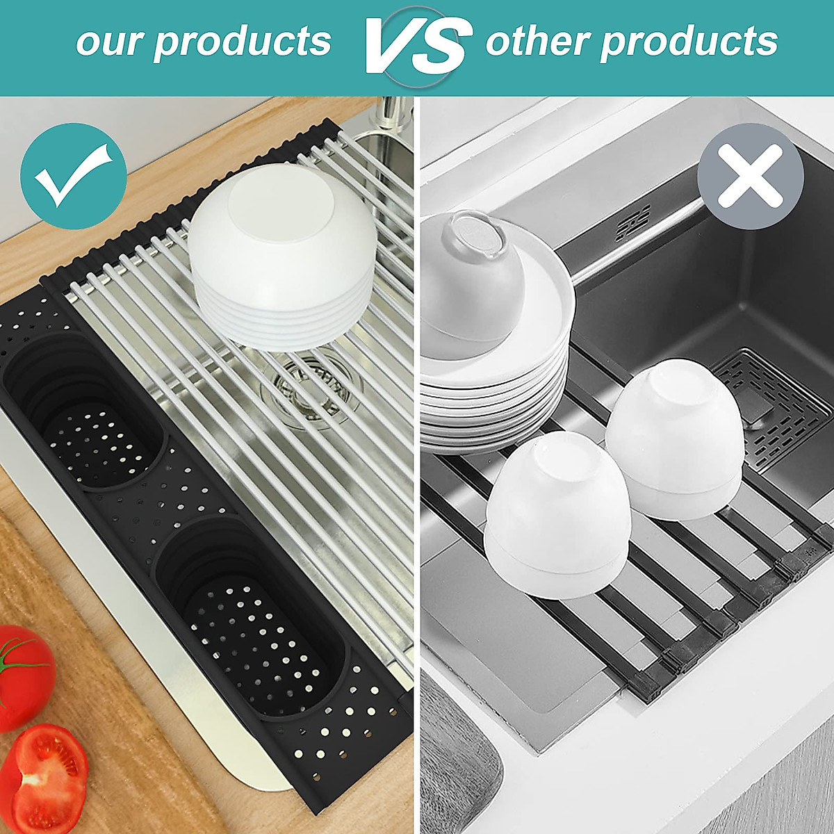 AIANDE Roll Up Dish Drying Rack Sink Drying Rack Over The Sink Dish Drying Rack Sink Topper Foldable Sink Cover Collapsible Dish Drying Rack for Kitchen Anti-Slip Silicone and SUS304 Material