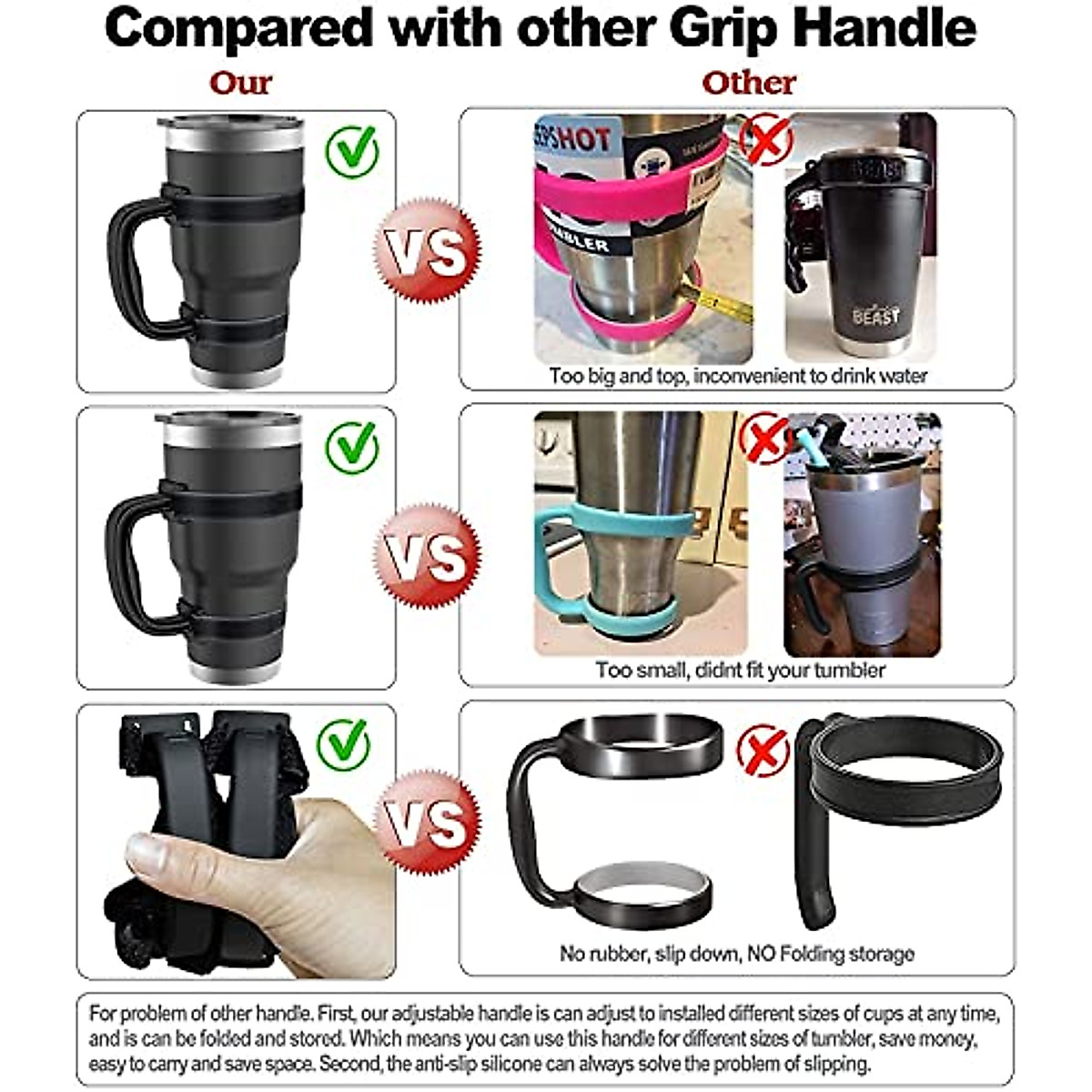 20 Oz 30 Oz 40 Oz Tumbler Handle Adjustable Fit for YETI, RTIC, Ozark Trail, Travel Mug Cup, SIC, Rambler, and All Brands Tumbler Cup