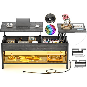 Besiost Coffee Table, Lift Top Coffee Table with Storage, LED Light & Power Outlet and Hidden Compartment, Retro Center Table for Living Room, X Support Wood Tabletop, Metal Frame, Black Oak