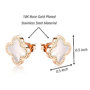 Four Leaf Clover Earrings for Women 18K Rose Gold Plated Stainless Steel Lucky 4 Leaf Ear Studs Jewelry Gift for Mother and Daughter (White & Rose Gold)