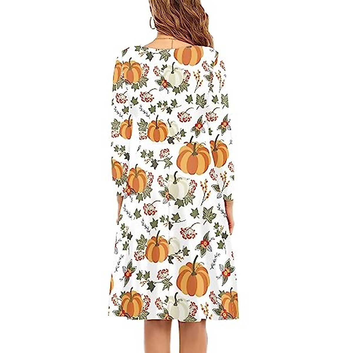 Viewamoon Pumpkins Thanksgiving Dresses for Women 2023 Party Pleated Dress Girl's Long Sleeve Flare Dresses for Dancing Outdoor Office Size XL Puffy Swing Midi Dress for Ladies