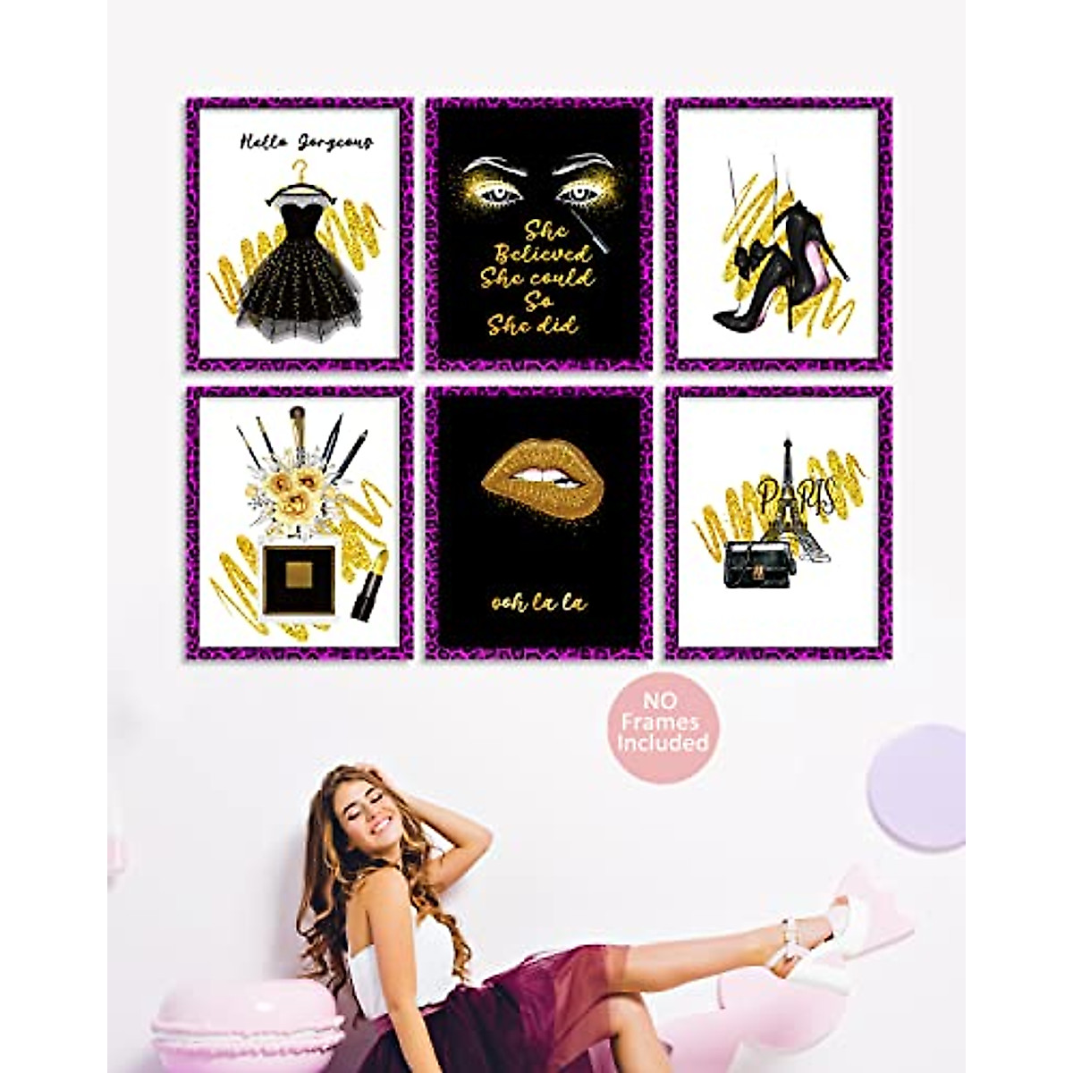 Paris Decor For Bedroom Vanity Decor Poster Black Girl Wall Art Fashion Wall Art Black Gold Set Of 6 Pink Bedroom Wall Decor For Women Teen Girls Room DéCor Preppy Wall Decor (8" X10" Unframed)