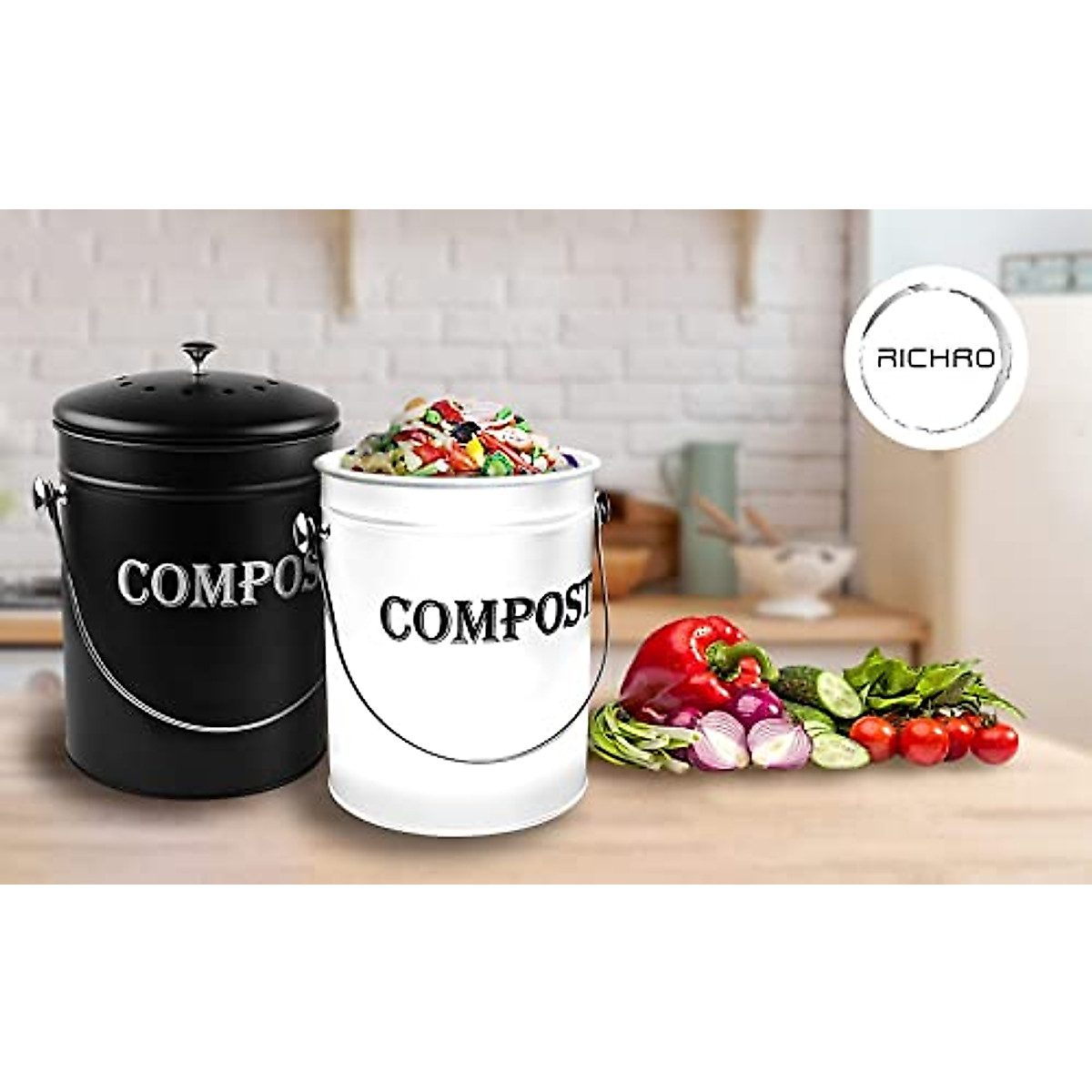 Compost Bin Kitchen 1.3 Gallon Smell Free Charcoal Filter Countertop Compost Bin with Lid - Stainless Steel Rust-Free Composting Bin for Kitchen Counter Compost Bucket Includes a Spare Filter (Black