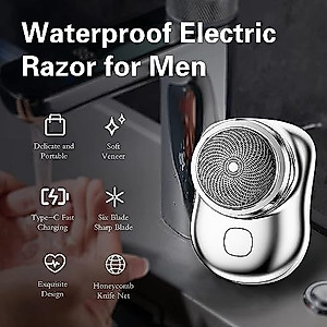 Men's Mini-Shave Portable Electric Shaver, Pocket Size Portable Shaver Wet and Dry Mens Razor Easy One-Button Use for Home,Car,Travel(Silvery)