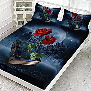 AILONEN Rose Fitted Sheet Full Size,Red 3D Romantic Rose Bedsheets Set for Girls,Romantic Flower Bedding Set,Magic Book Bed Sheet Set,1 Fitted Sheet 2 Pillowcases,3 Pcs,Soft Microfibre