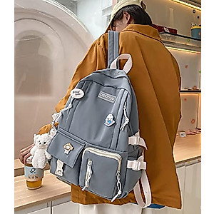 FPlace Laptop Backpack Shoulders Bag Schoolbag Travel Bag for Student Casual Cute Kawaii Y2K With Plush Bear Pendant Gift (Blue)