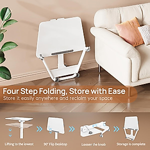 Joy Seeker Foldable Mobile Standing Desk, Pneumatic Height Adjustable and Tilt Rolling Sit Stand Desk, 90° Tiltable Portable Laptop Desk Cart on Wheels White Workstation for Home Office, Easy to Fold