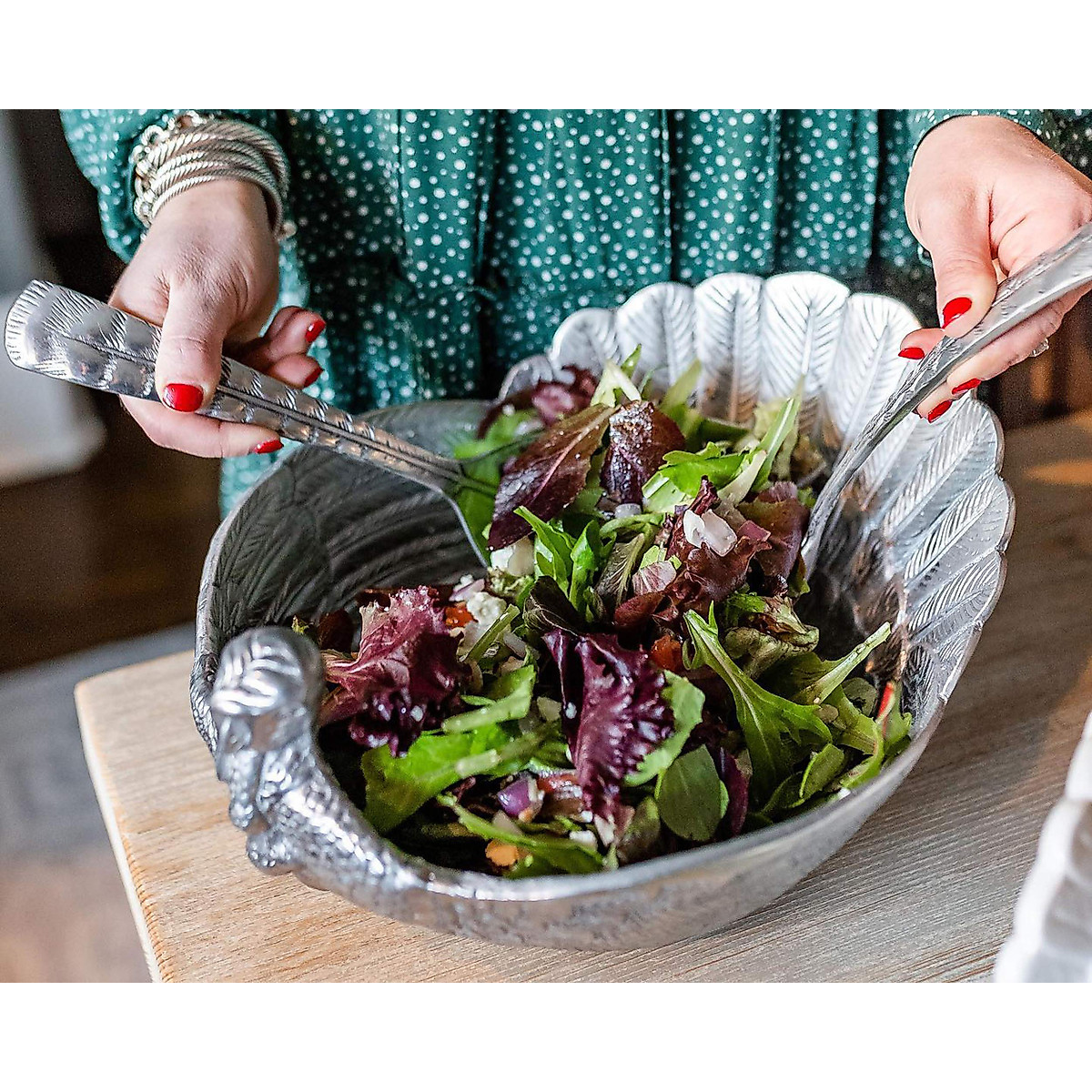 Arthur Court Salad Servers Feathers Metal Pair Thanksgiving Table 2 pieces Cast Aluminum 11 inch Long