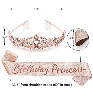 "Birthday Princess"Sash and Rhinestone Crown Set - Glitter Gold Fabric with Rose Gold Foil Letters Birthday Sash for Girl + Rhinestone Crown Set Birthday Party Gifts Birthday Party Supplies