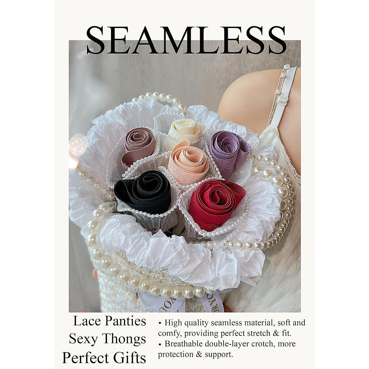 FINETOO Seamless Thongs for Women Low Rise Lace Wavy Sides Thong Sexy No Show Panties Womens Underwear S-XL 6 Pack