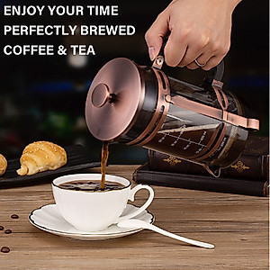 French Press Coffee Maker (21 oz) with 4 Filters - 304 Durable Stainless Steel, Heat Resistant Borosilicate Glass Coffee Press, BPA Free,Brown