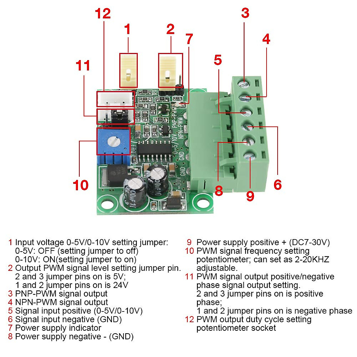 Voltage to PWM Converter, 0-5V/0-10V Analog Input Voltage to 0-100% PWM Signal 2KHZ-20KHZ Converter Module