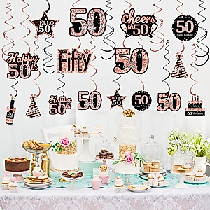 30Pcs Rose Gold 50th Birthday Hanging Swirl Decorations for Women, Cheers to 50 Years Birthday Foil Swirls Party Supplies, Fifty Bday Ceiling Hanging Sign Decor