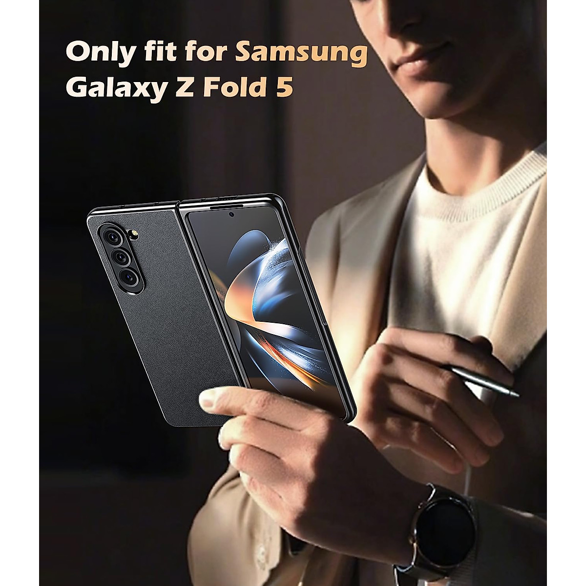 JUESHITUO 3-in-1 for Samsung Galaxy Z Fold 5 Case, [Omni-Directional Protection] [Metallic Glossy Bumper] Fascinating Touch Silm Fit Stylish Leather 5g Case for Galaxy Z Fold 5 Phantom Black