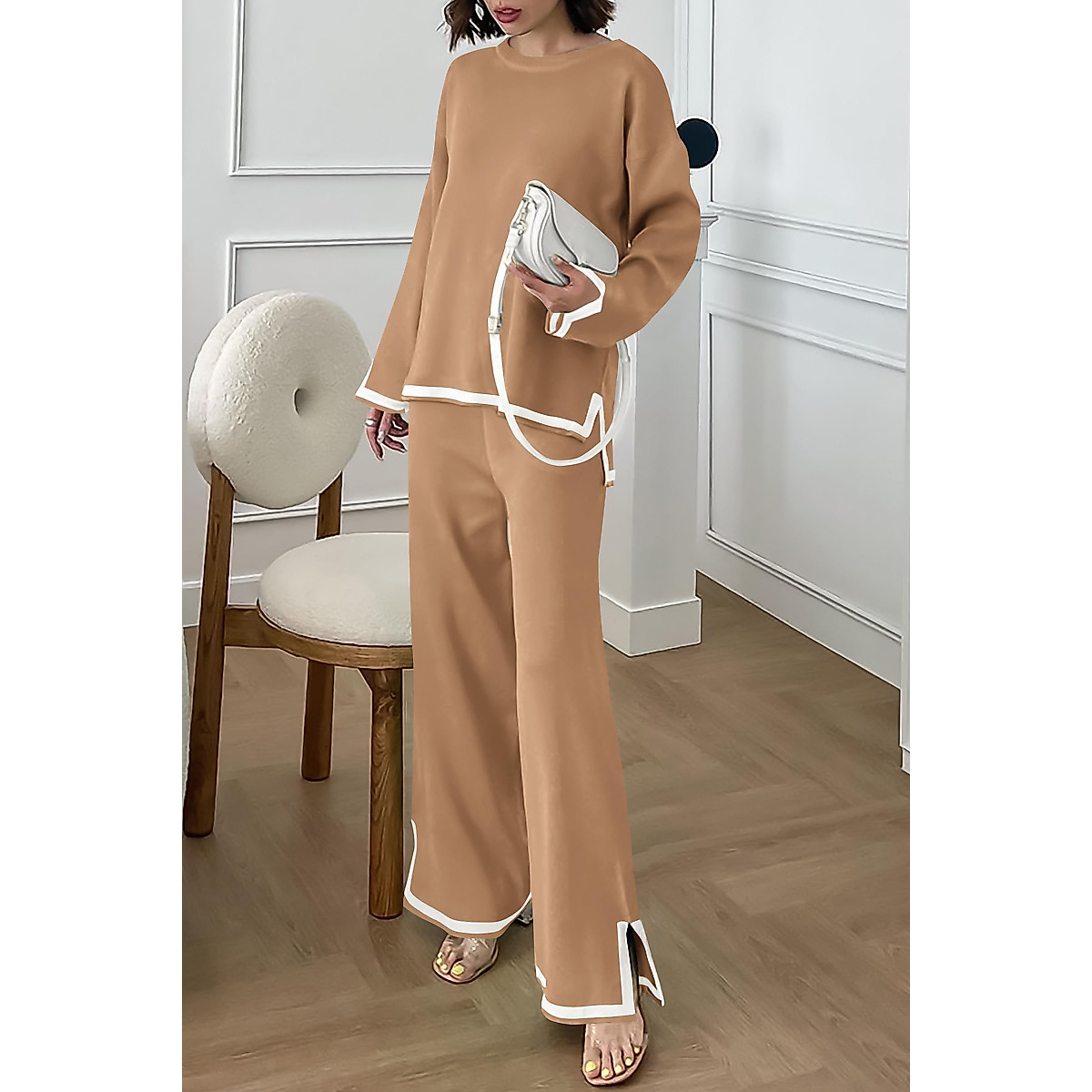 PRETTYGARDEN Women's 2 Piece Knit Sweater Set Casual Long Sleeve Pullover Wide Leg Pants Sweatsuit Tracksuit Outfit (Khaki,Large)