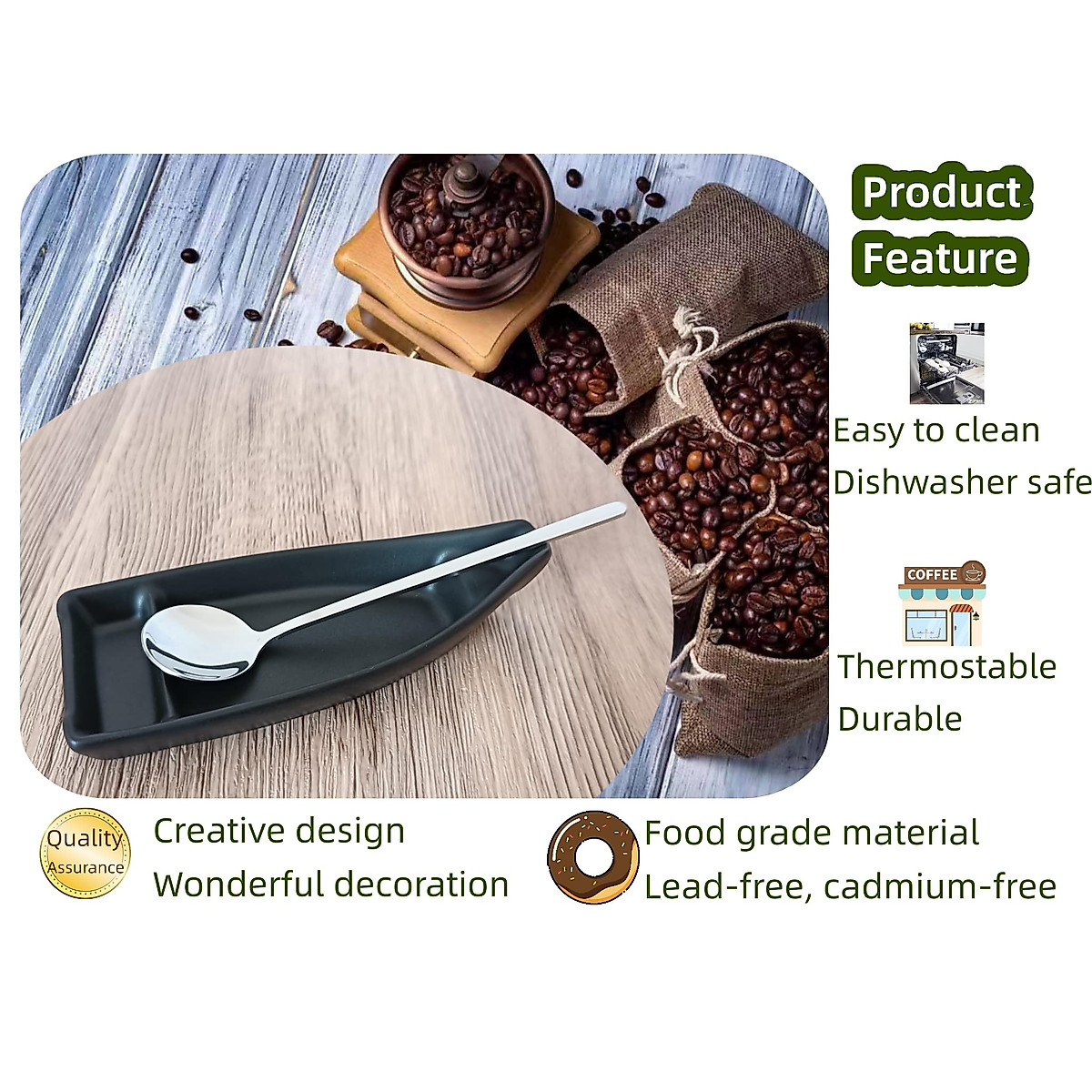 Coffee Spoon and Rest for Coffee Bar, Boat Small Spoon Rest for Coffee Station, Coffee Spoon Holder for Coffee Bar, Tea Spoon Rest Teaspoon Rest with Spoon (Matte Black + Round Spoon)