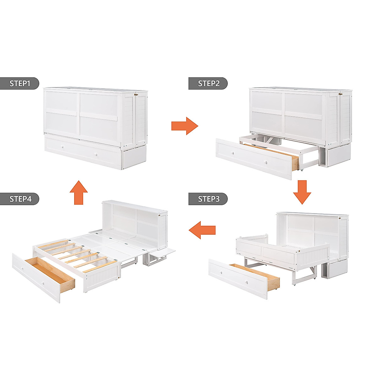 P PURLOVE Queen Murphy Bed with Built-in Charging Sport,Queen Size Mobile Murphy Bed Cabinet with Drawer and Little Shelves on Each Side,Folding Murphy Bed for Apartment/Living Room