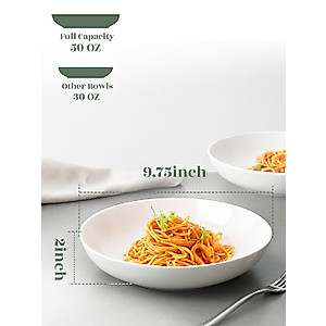 Y YHY 9.75" Large Pasta Bowls, 50 Ounces Big Salad Bowls, Ceramic Serving Bowl Set of 4, Wide and Shallow Bowls Set, Microwave and Dishwasher Safe, White