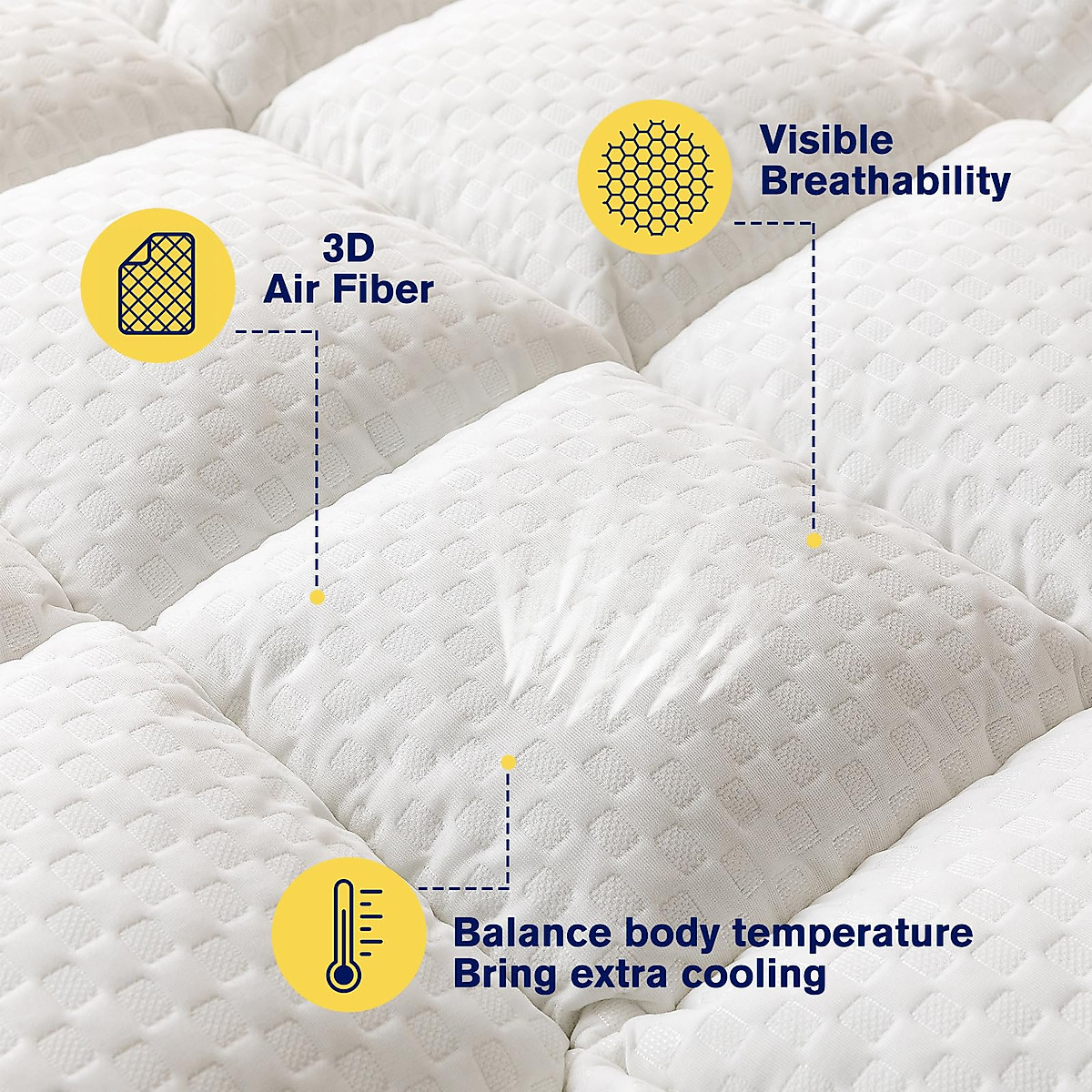 Cooling Mattress Topper Queen or Back Pain, Extra Thick Mattress Topper Cover, Plush Pillow Top Overfilled with Down Alternative, Deep Elastic Pocket, White