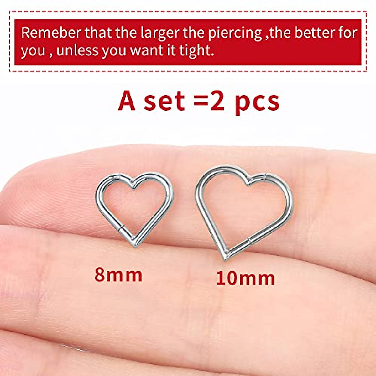 VOJO 2 Pcs G23 Titanium Heart Daith Piercing Jewelry Rook Tragus Clicker Ring Cartilage Earrings 16G (8mm+10mm, Heart Silver)