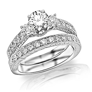 1.5 Carat Round Cut Three Stone Vintage With Milgrain & Filigree Bridal Set with Wedding Band & Diamond Engagement Ring (F Color, VS2 Clarity)