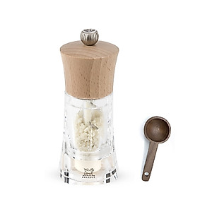 Peugeot - Oleron Manual Mill Wet Sea Salt Mill - Transparent Adjustable Grinder - Acrylic and Beechwood, Natural, 5.5 Inches - With Wooden Spice Scoop Spoon