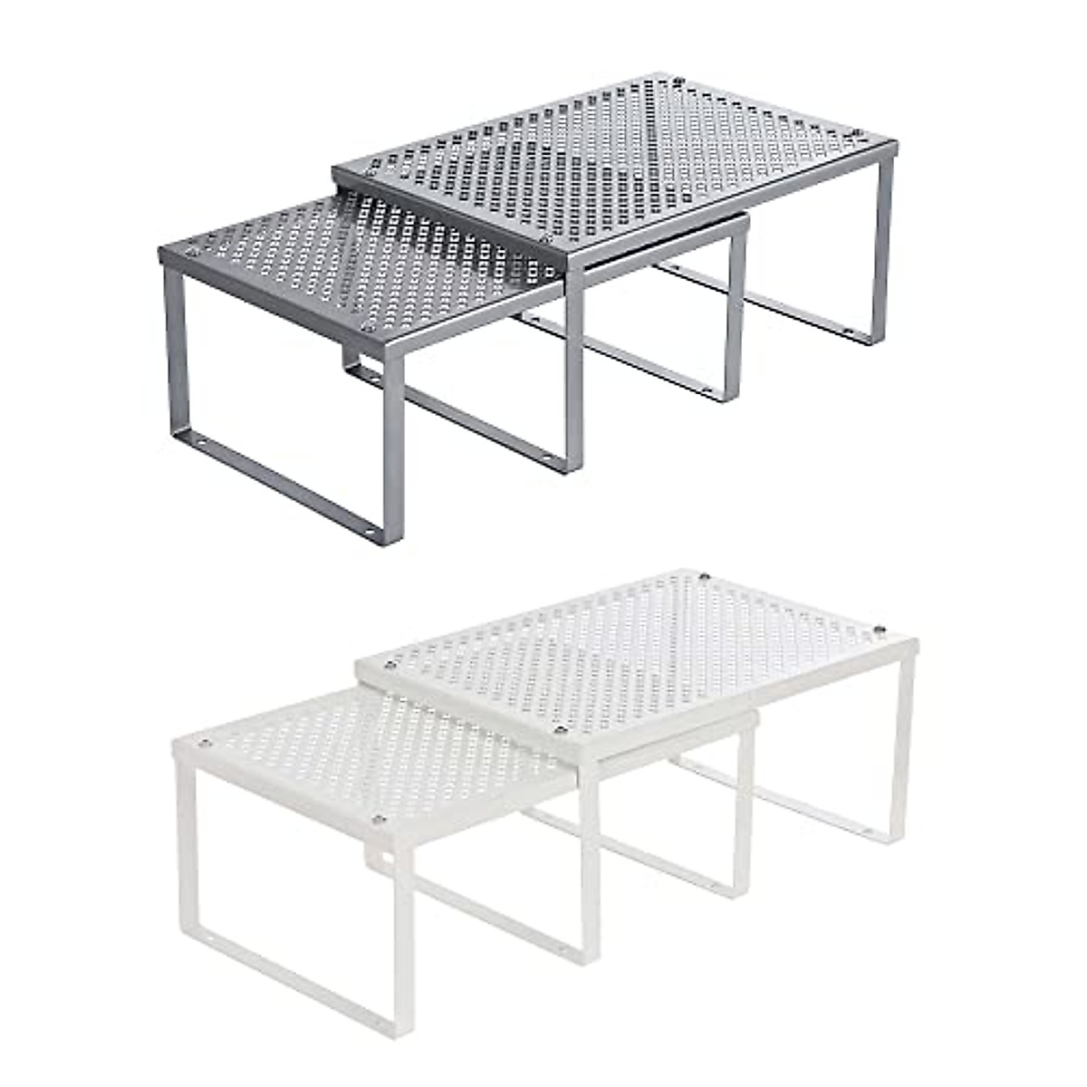 SONGMICS Cabinet Shelf Organizer and Kitchen Shelf Bundle, 4 Stackable Kitchen Cabinet Shelves, Expandable, White and Silver UKCS01WT and UKCS01SV