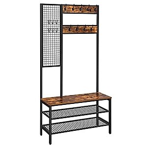 VASAGLE ALINRU Hall Tree, Coat Rack, Coat Stand with Grid Wall, Shoe Rack, 2 Mesh Shelves, 15 Hooks, 72.8-Inch Tall, Large Storage Space, Easy to Assemble, Industrial Style, Rustic Brown UHSR98BX