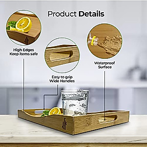 Serving Tray Bundled , with Coasters 2 Wooden & 4 Matching Handles Trays Sizes Bamboo Unfinished Wood Coasters, Light Golden (WDTRY001)