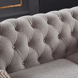 Chesterfield 3 Seater Button Tufted Sofa, Linen Fabric Upholstered Couch with Nailhead Arms Removable Cushions Rubber Wood Legs for Living Room Office Bedroom