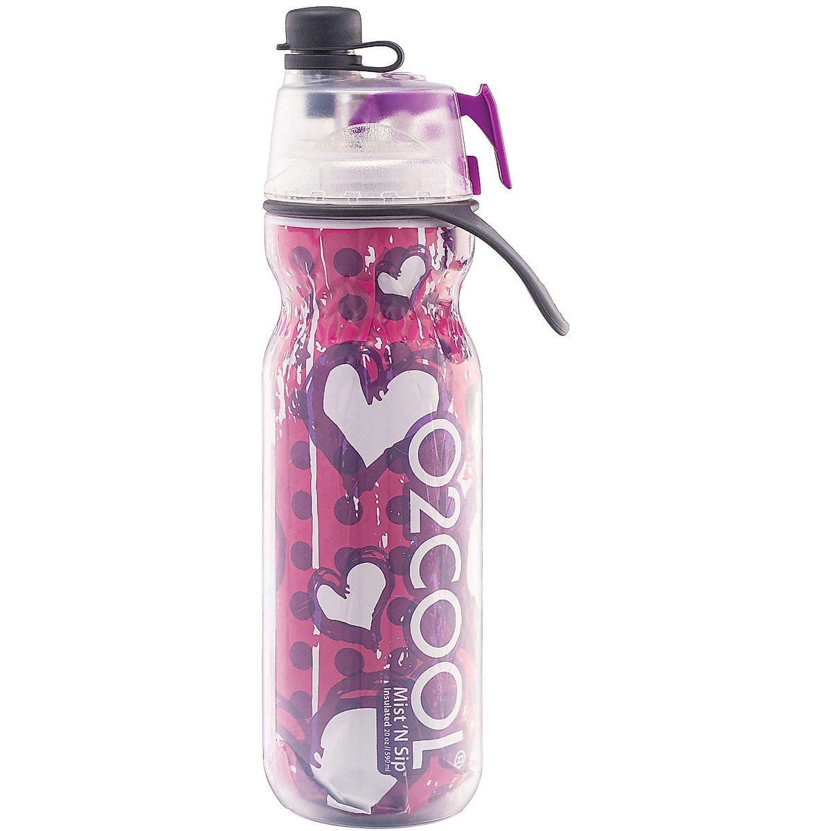 O2COOL Mist 'N Sip Misting Water Bottle 2-in-1 Mist And Sip Function With No Leak Pull Top Spout (Hearts)