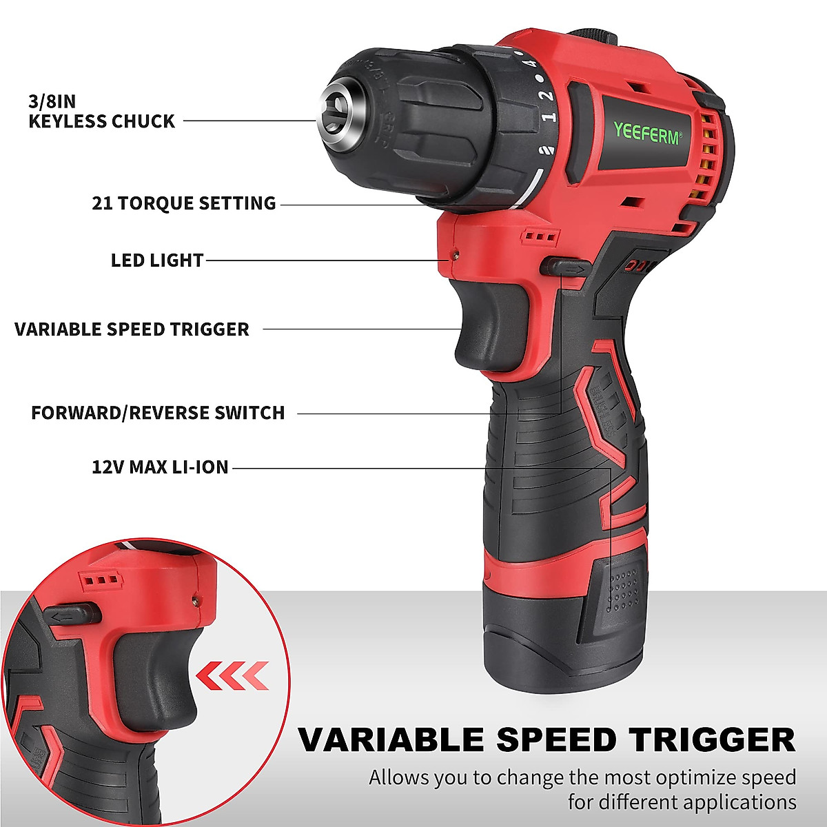 Small Cordless Drill - YEEFERM 12V Brushless Power Driver with 2 Batteries and Charger - Electric Drill 350In-lbs Torque,3/8" Keyless Chuck,2 Variable Speed,Lightweight for Drilling Wood Walls Metal