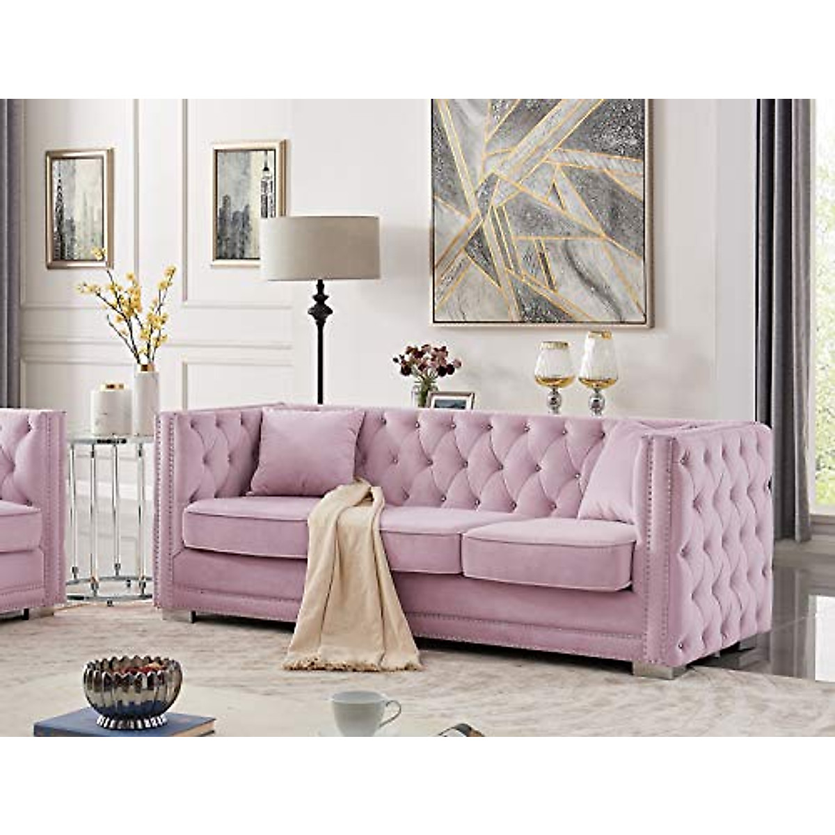Iconic Home Christophe Sofa Velvet Upholstered Button Tufted Nailhead Trim Shelter Arm Design Silver Tone Metal Block Legs Modern Transitional, Pink